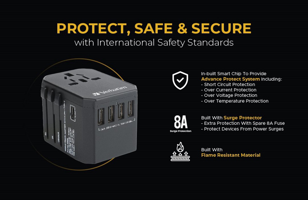 Verbatim 65829 Universal Travel Adaptor, 5 Ports Type-C & 4 USB Safety ...