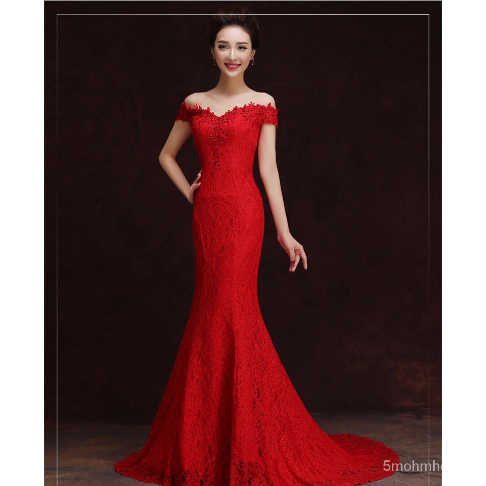 【Malay Spot】S~2XL Off Shoulder Red Lace Floral Trailing Mermaid Pre ...