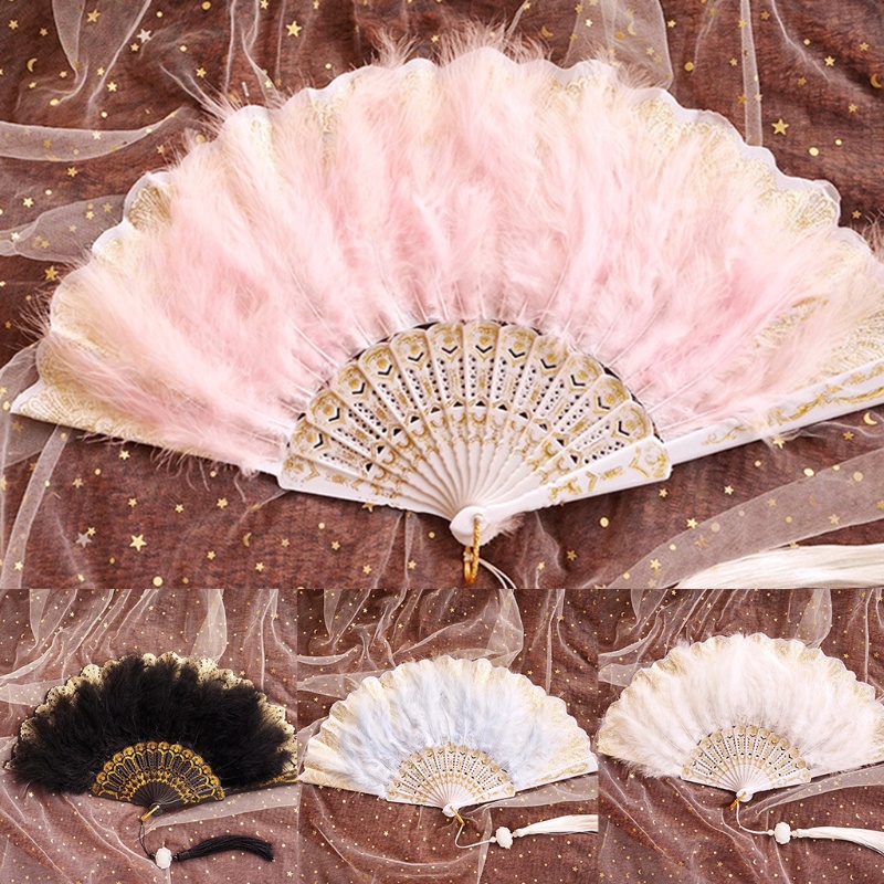 HIK Vintage Lace Feather Hand Fan Folding Handheld Fan for Dancing ...