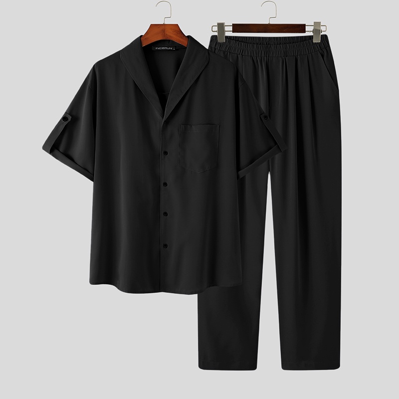 INCERUN Mens Short Sleeve T-Shirt + Elastic Waist Pants Solid Outfit ...