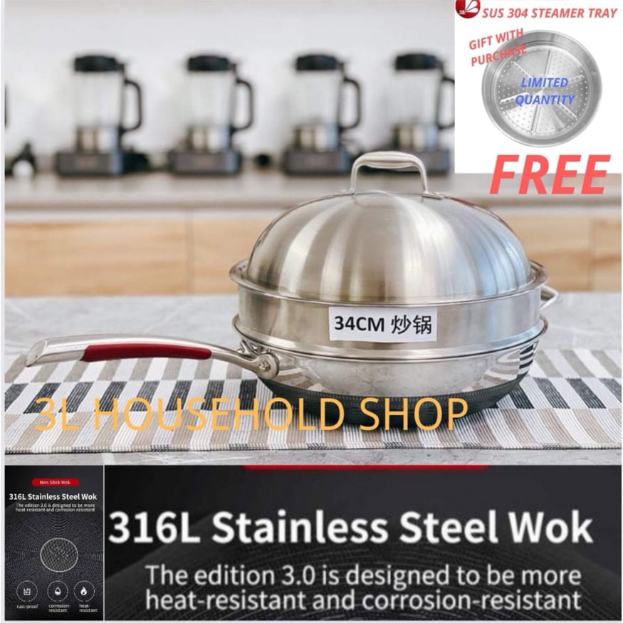 SUS 316L Stainless Steel 34cm Honeycomb Design Double Sided cooking wok ...