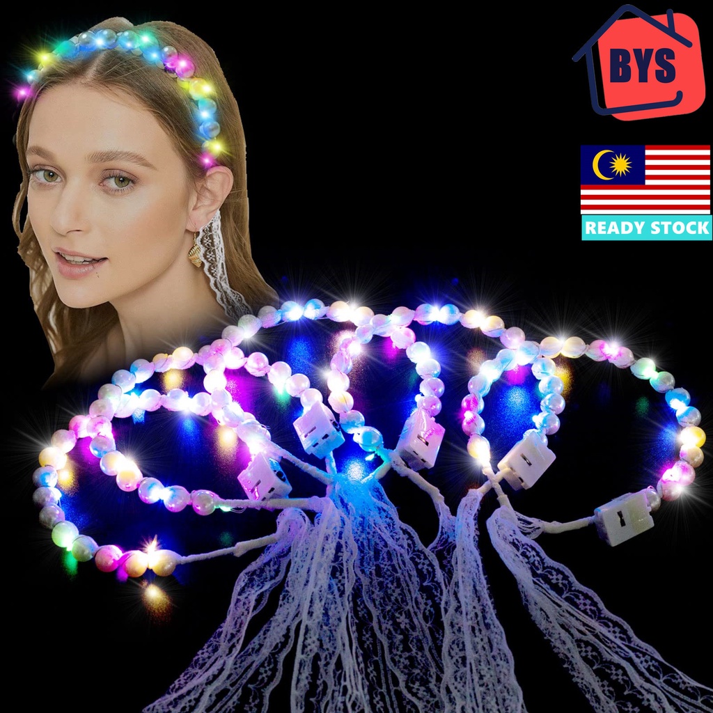 [FREE BATTERY] BYS Light Up Pearl Lace Headband Color Changing LED ...