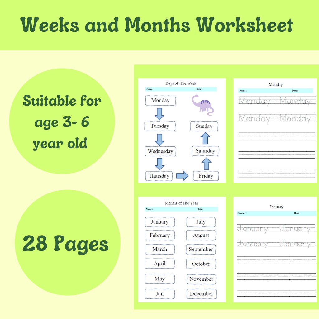 Learning Weeks and Months Worksheet , Preschool , Suitable for Age 3 to ...