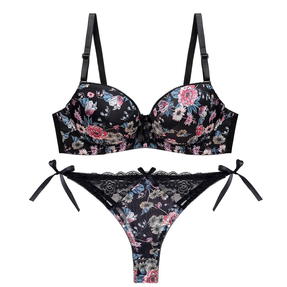 Women Deep V Bra Sets Lace Push Up Print Bra Panty Sexy Underwear Suit