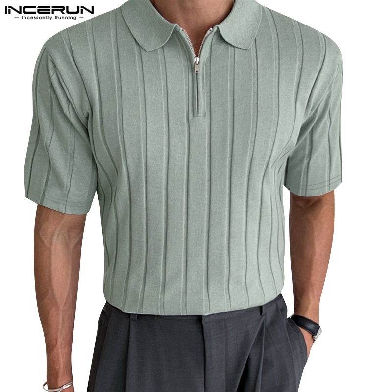 INCERUN Men Short Sleeve Pure Color Business Zip Up Striped Polo Shirts ...