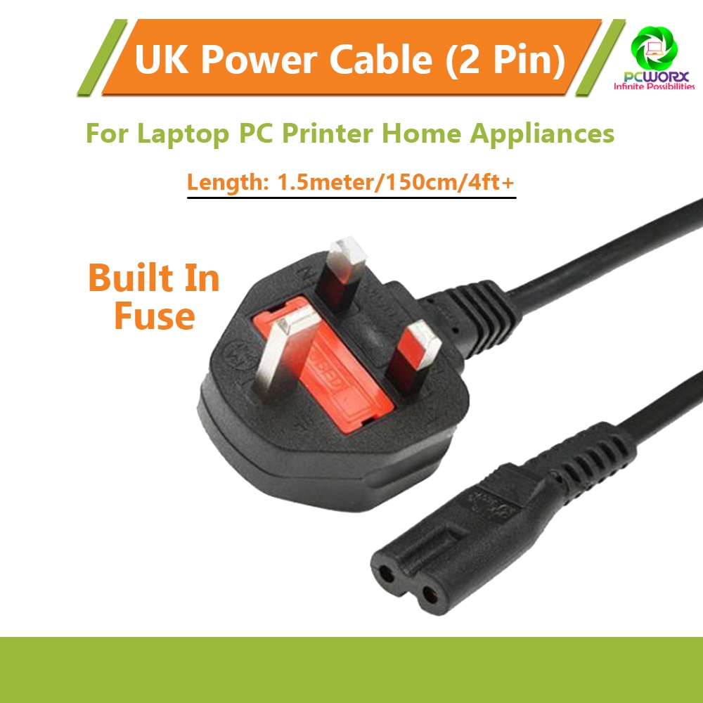UK Power Cable (2 Pin) with fuse for Laptop PC Printer Home Appliances ...