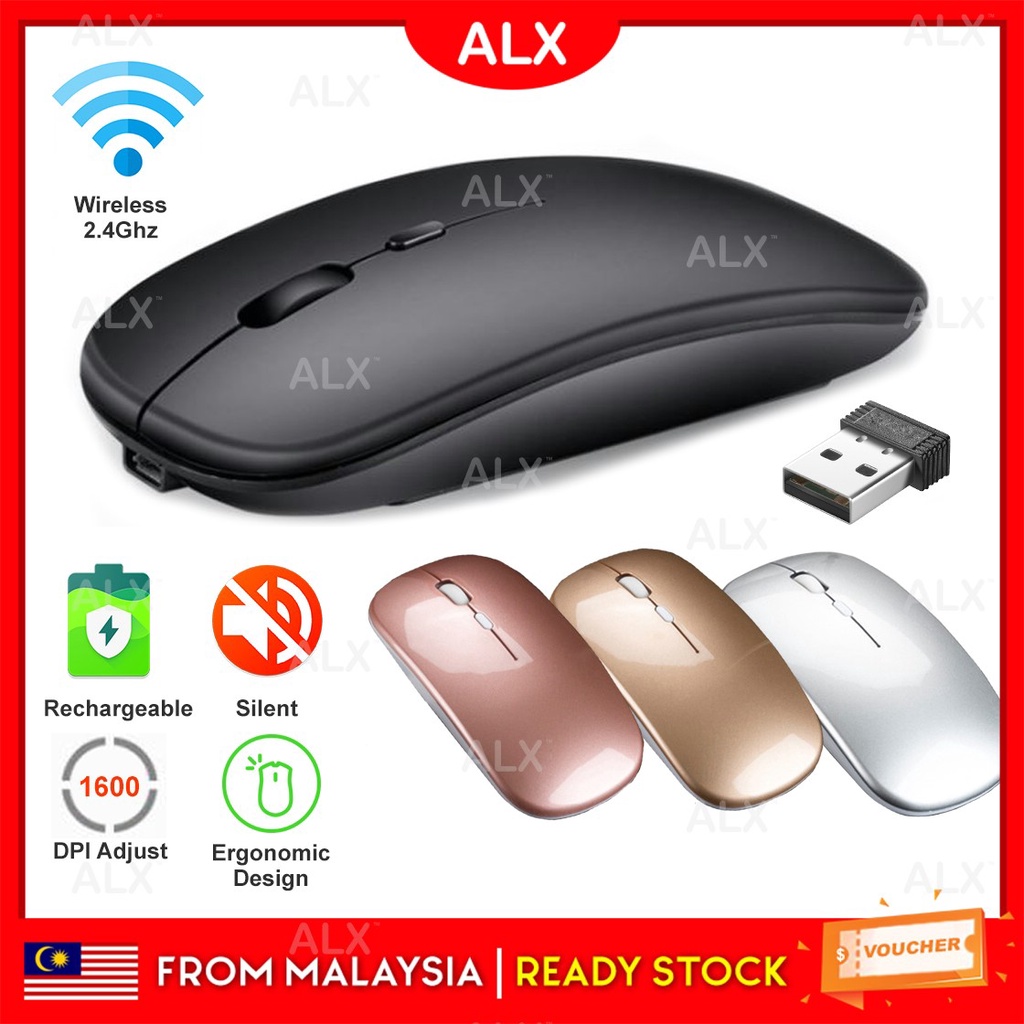ALX Rechargeable Silent Wireless Mouse 2.4Ghz USB Receiver Dongle ...