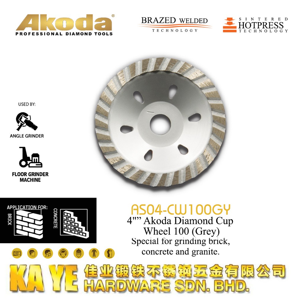 Akoda AS04-CW100GY Diamond Cup Wheel 4" 100MM (D) x 20MM (BD) (Grey ...