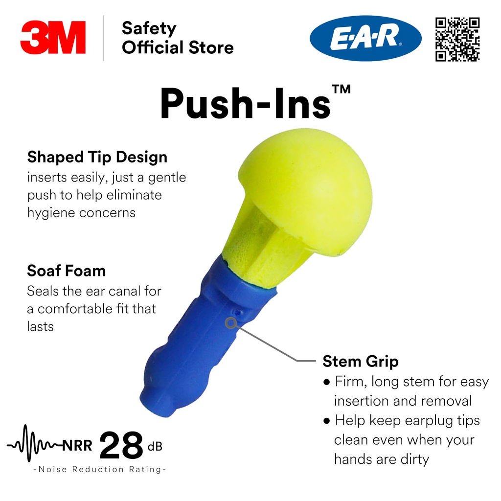 3M™ E-A-R Push Ins Earplugs 318-1000/ NRR 28 dB/ Washable Earplug ...