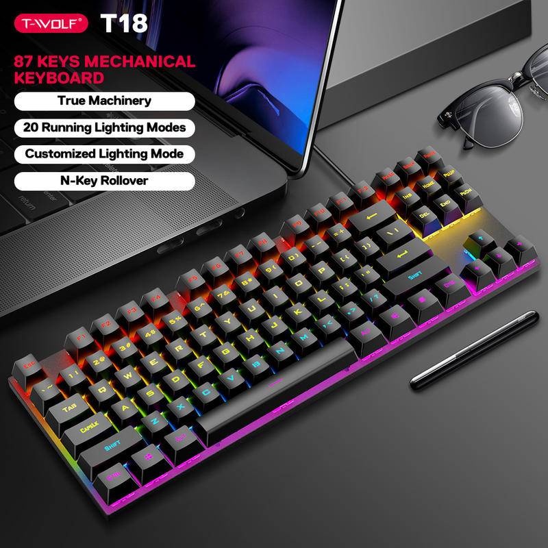 T-WOLF T71 / T18 Mechanical Keyboard 87 Keys RGB Backlight USB Wired ...