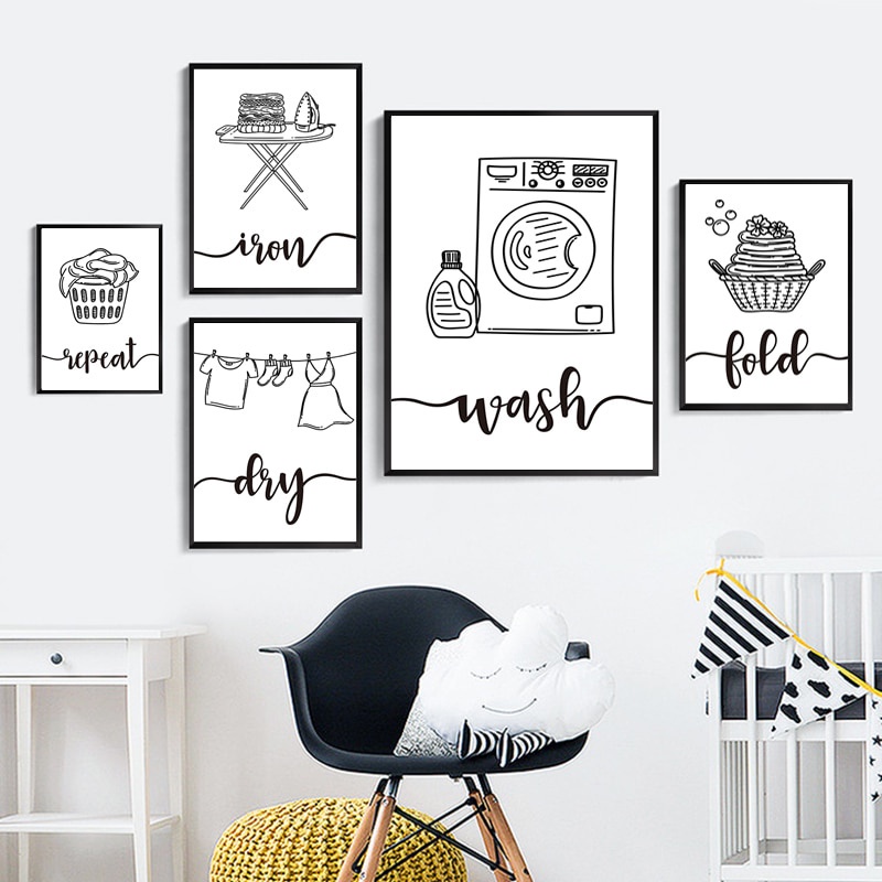 Dry Wash Repeat Fold Laundry Room Nordic Poster Wall Art Print Black ...