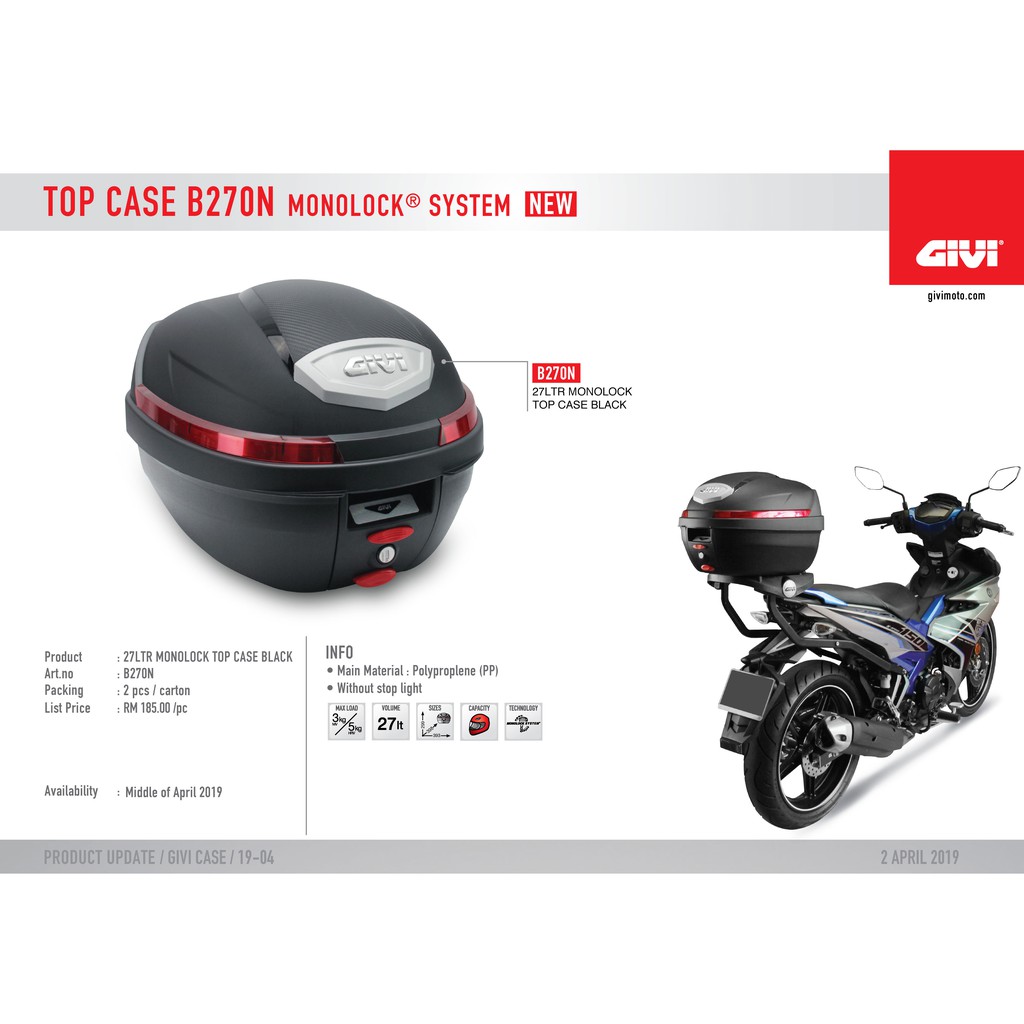 Givi Box B27N 2019 new model, sesuai pasang kat YAMAHA Y15 LC135 NMAX ...