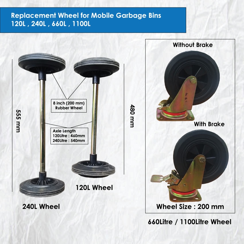 120L / 240L / 660L / 1100L Replacement Wheel for Mobile Garbage Bins ...