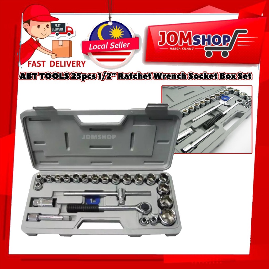 ABT TOOLS 25PCS 1/2” RATCHET WRENCH BOX SOCKET SET / CHROME VANADIUM ...