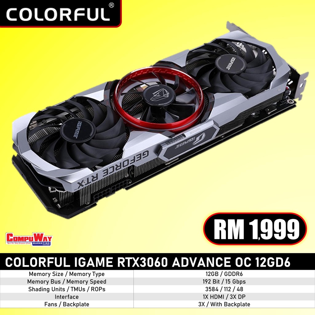 COLORFUL IGAME RTX3060 ADVANCE OC 12GD6 LHR (3 FAN/3584 CUDA/112 TMU/48 ...