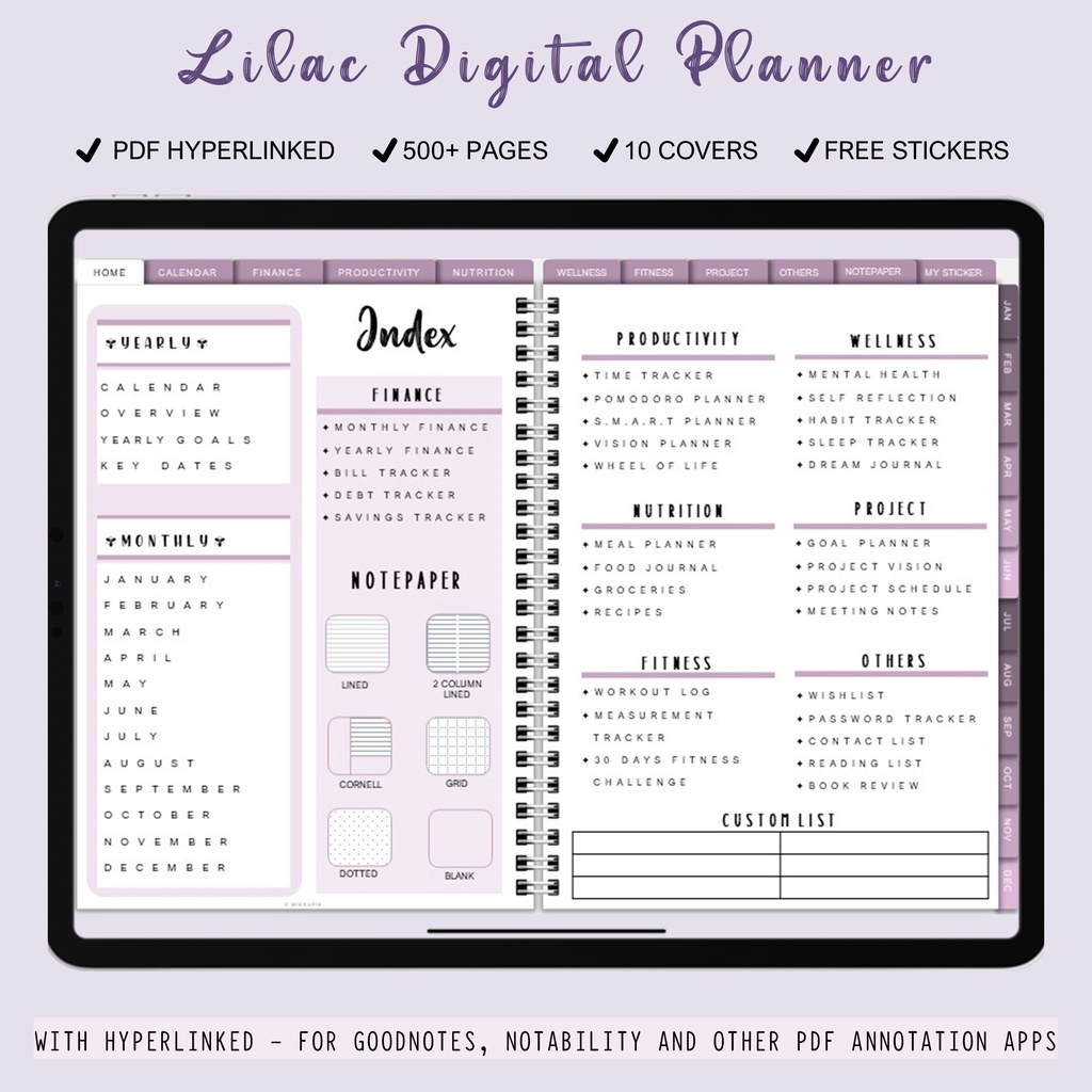 Digital Planner Undated 2024 Lilac Purple with hyperlinks tabs for ...