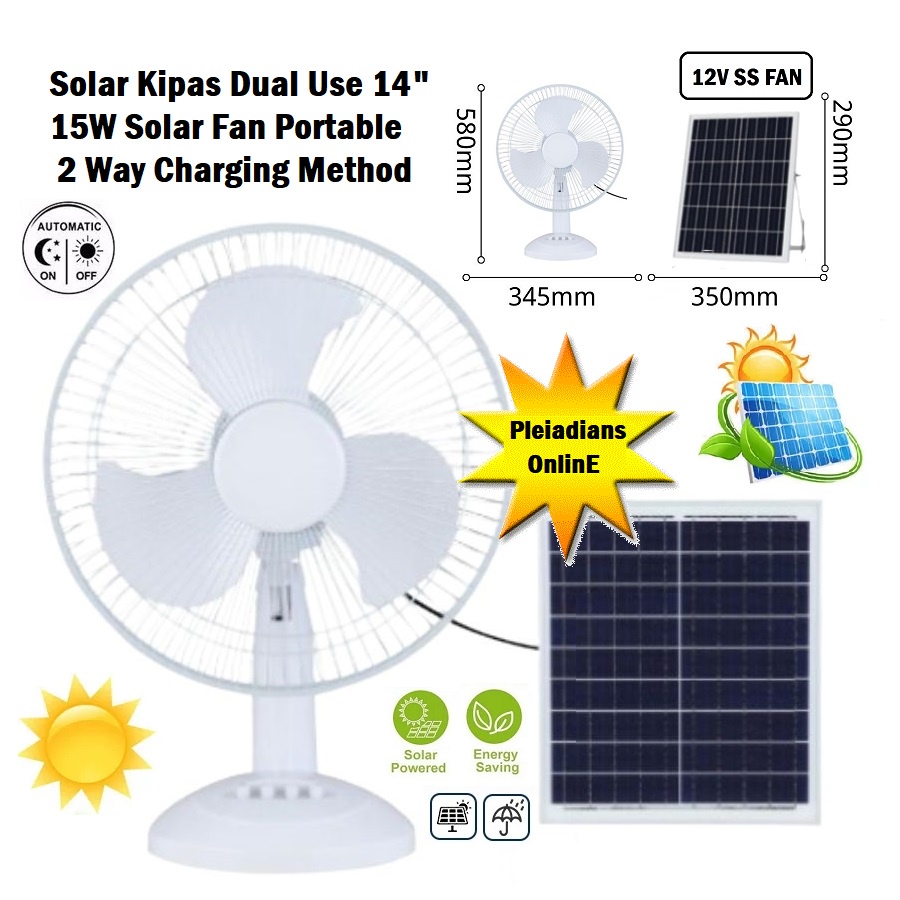 HOMIEE Solar Powered Kipas Dual Use 12" 15W Solar Fan Portable 2 Way ...
