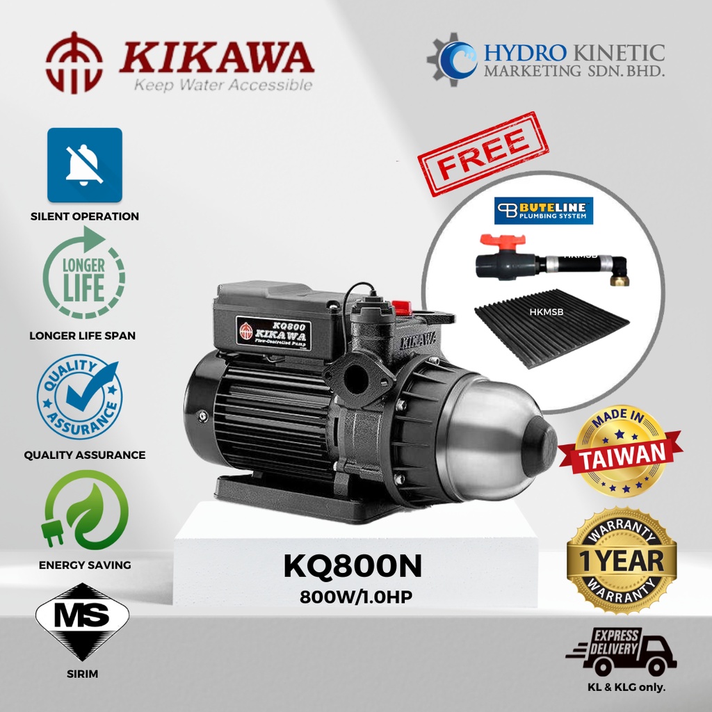 KIKAWA KQ800N AUTOMATIC SILENT BOOSTER WATER PUMP (1.0HP)**SILENT ...