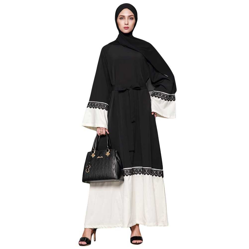 Women Muslim Maxi Dress Contrast Flare Sleeve Abaya Kaftan Islamic Arab ...