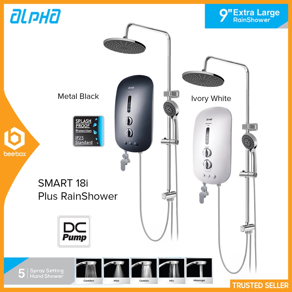 Alpha SMART 18I PLUS DC Silent Jet Pump Instant Water Heater with Rain Shower 9 Inch (Black ...