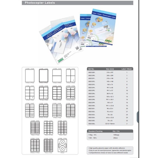 ABBA LASER INKJET LABEL STICKER PAPER A4 100 sheets - ABBA LASER INKJET ...