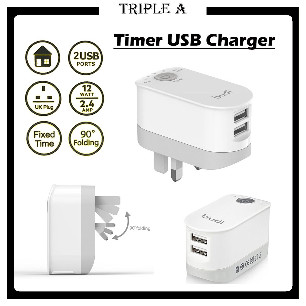 Budi 2 USB Port Safety Timer Charger Phones Tablets UK 3pin Timer Home ...