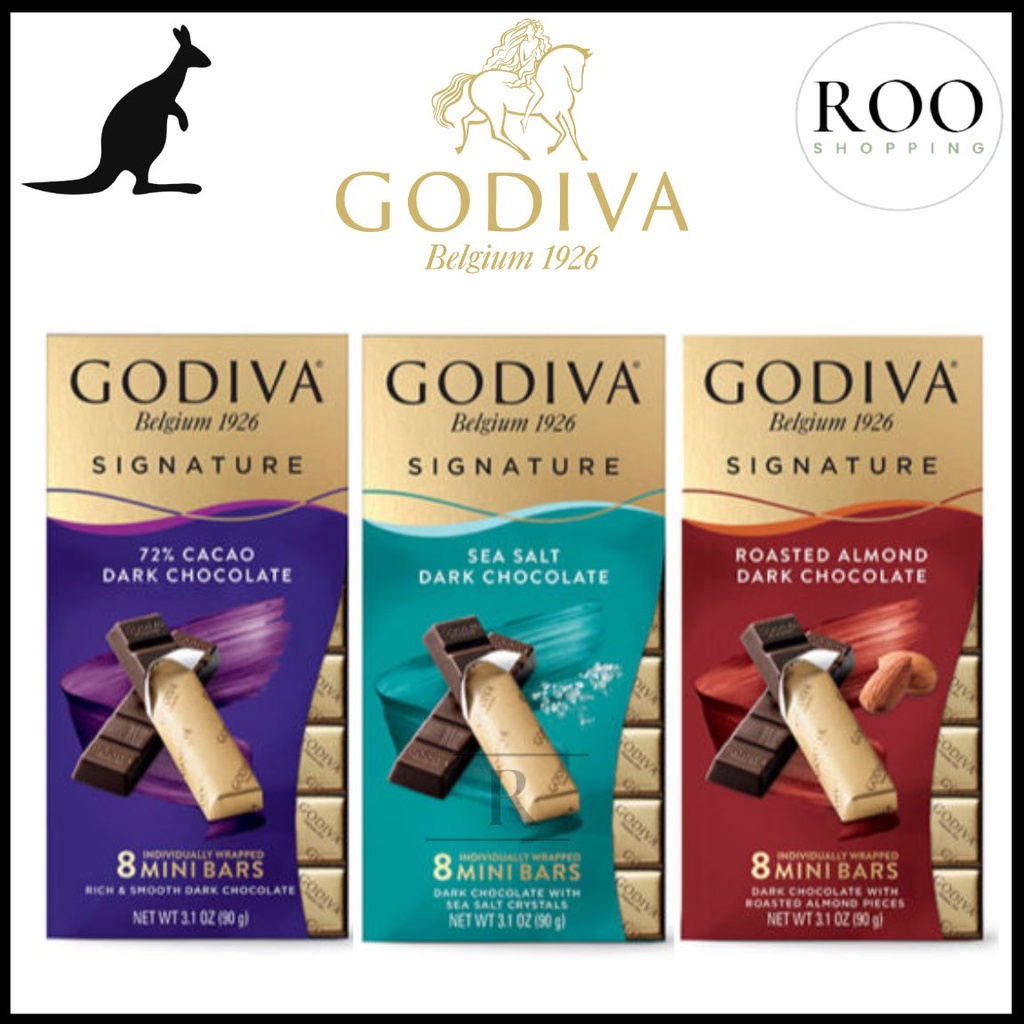 Godiva 8 Mini Chocolate Bar 90g Roasted Almond Dark / 72% Cocoa Dark / Sea Salt Dark Choc ...
