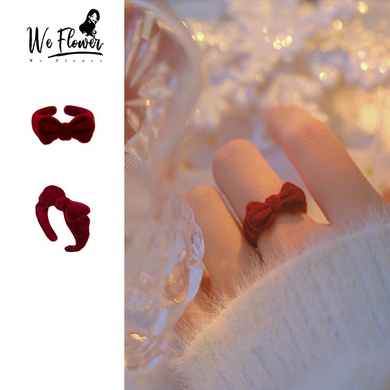 We Flower Vintage Flocking Wine Red Bow Ring for Women Girls Aesthetic Bowknot Open Rings ...