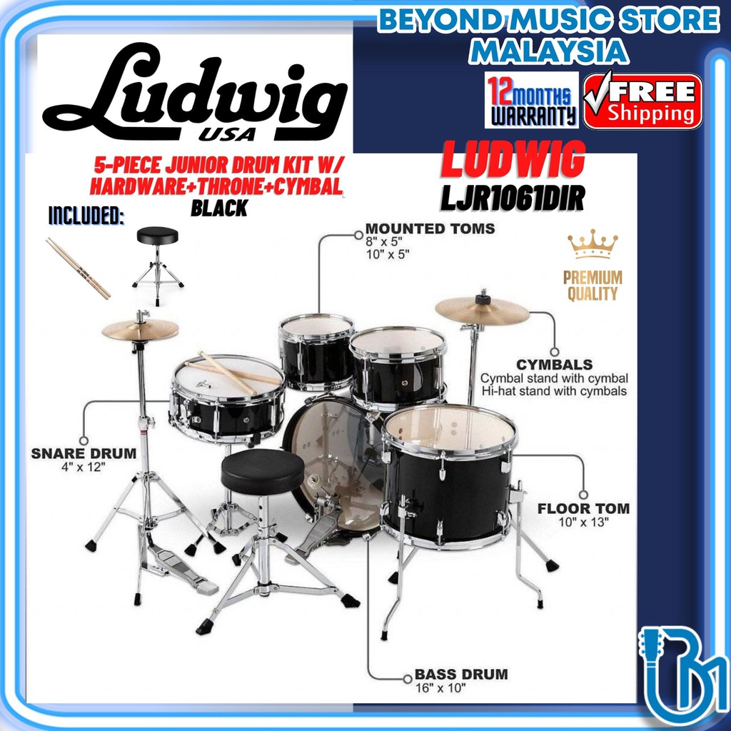 Ludwig LJR1061DIR 5-Piece Junior Drum Kit w/ Hardware+Throne+Cymbal ...