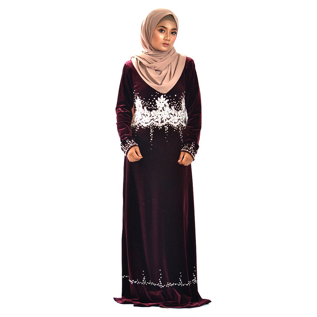 Sweetheart Velvet Muslim Plain Jubah Dress Long Sleeve with Lace ...
