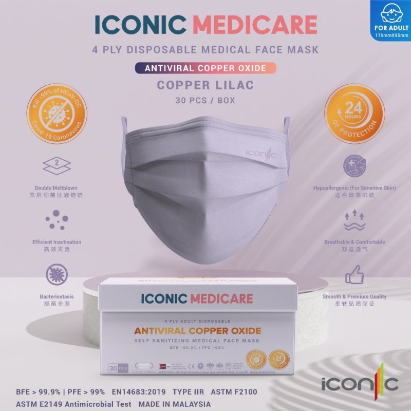 ICONIC MEDICARE ANTIVIRAL COPPER LILAC 4 PLY MEDICAL FACE MASK (30PCS ...