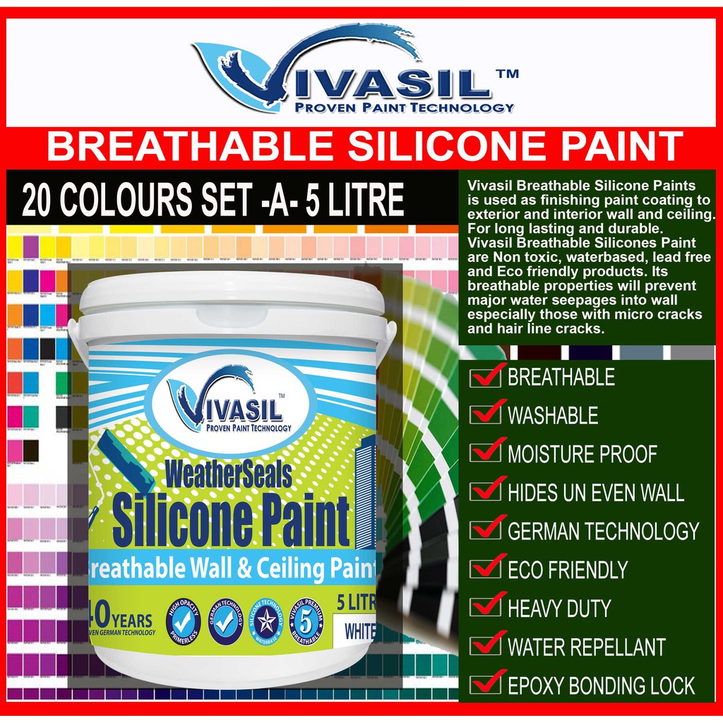 VIVASIL BREATHABLE SILICONE PAINT 5 LITRE- 20 COLOUR A SET -INT ...