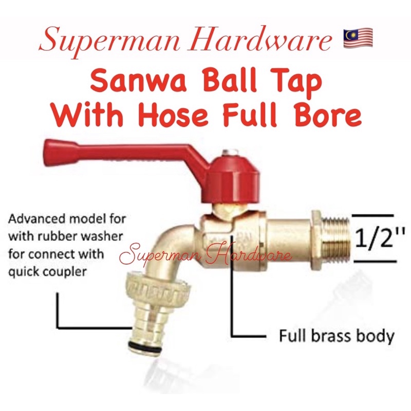 15MM 1/2” SANWA BALL TAP WITH HOSE FULL BORE HEAVY DUTY BRASS WALL ...