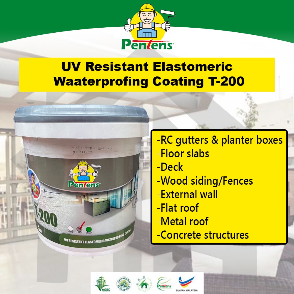 20KG PENTENS T-200 UV RESISTANT ELASTOMERIC WATERPROOFING COATING(GREY/WHITE) 弹性修补防水膜 | Shopee ...