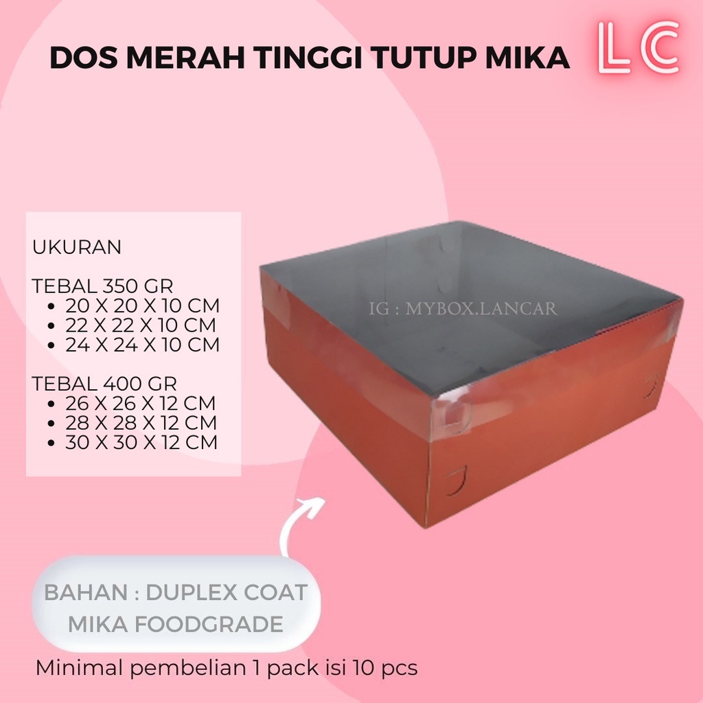 MERAH (10 Sheets) RED CAKE BOX WITH MIKA LID 28 X 28 X 12 CM, HIGH ...