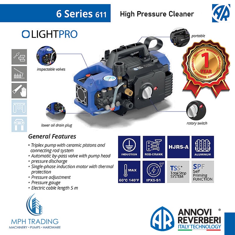 AR Annovi Reverberi BC611 Blue Clean Italy Hand Carry High Pressure Cleaner 140 Bar 2100W ...