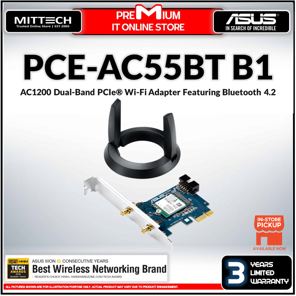 Asus PCE-AC55BT B1 Wireless AC1200 Bluetooth 4.2 PCIe/mPCIe Adapter ...
