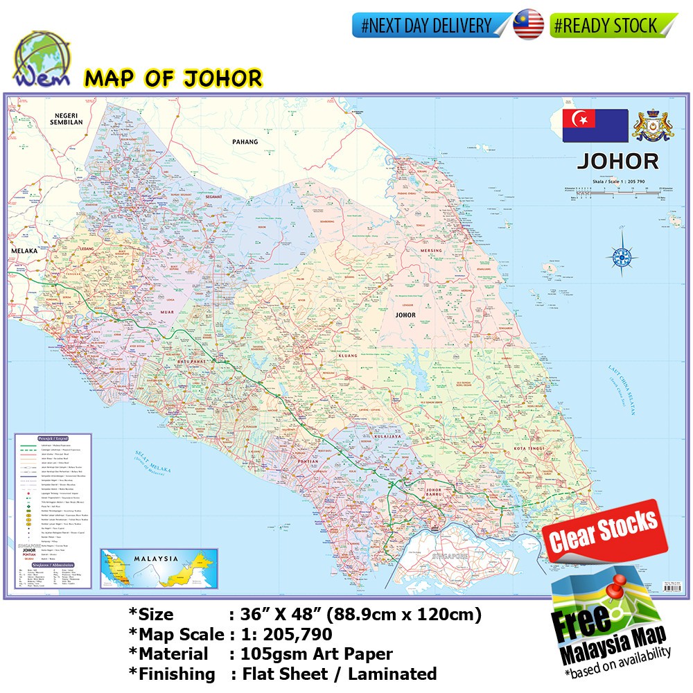 🇲🇾 MAP OF JOHOR (36” x 48” / 88.9cm x 120cm) Malaysia State | Shopee ...