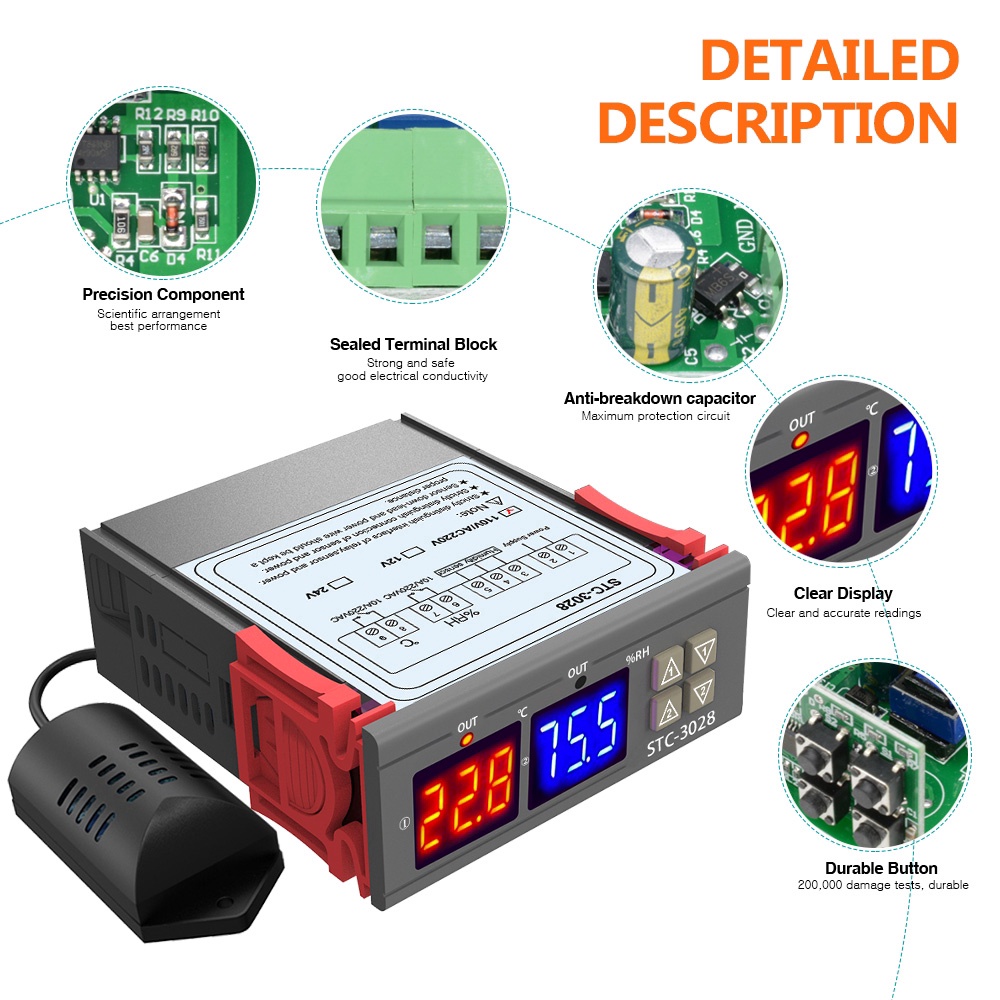 ☁☢AC110-220V 10A Dual LED Display DC12V DC24V Thermostat STC-3028 Temperature Humidity ...