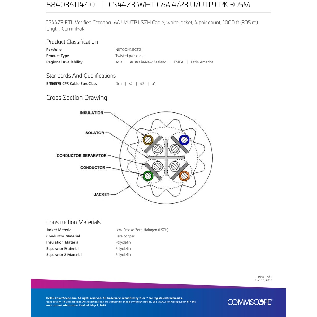 (305m) Commscope CS44Z3 Shielded CAT6a LSZH DATA Cable - Commscope ...