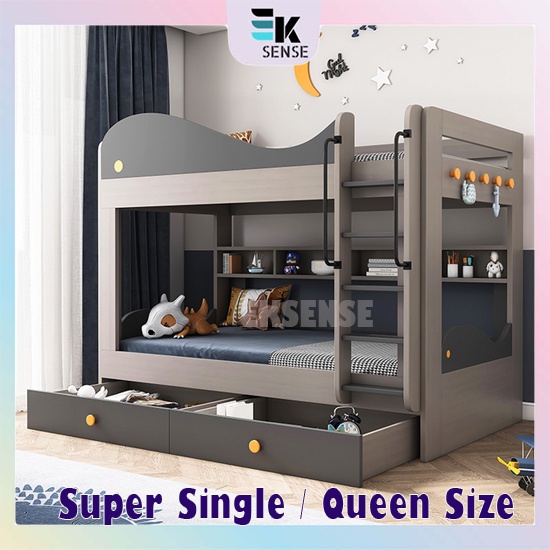 EKSENSE Modern Kids Double Decker Bunk Bed Frame Wood with Drawer Queen ...