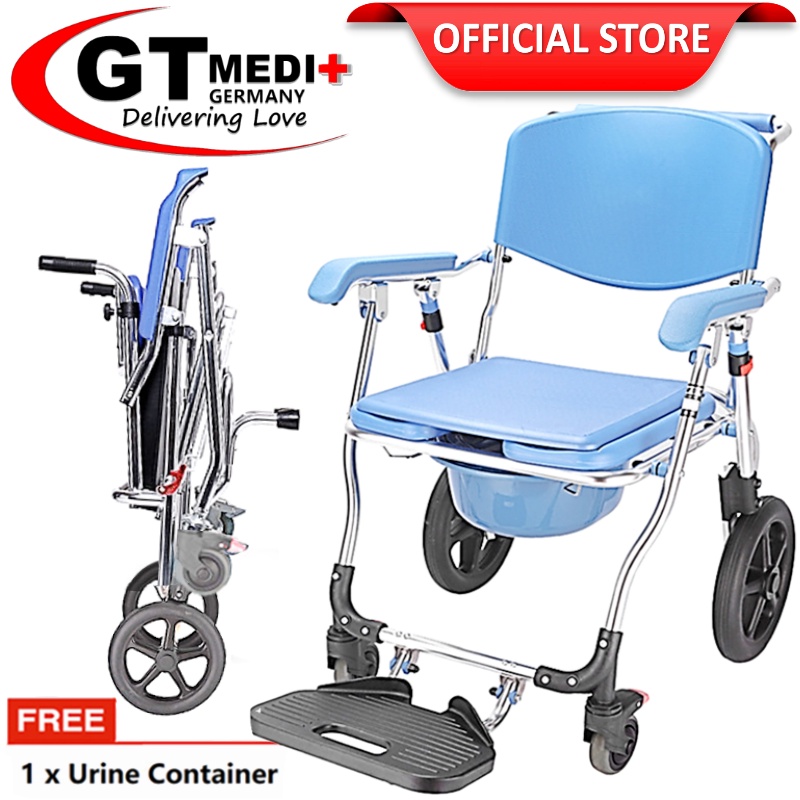 GT MEDIT GERMANY Aluminium Foldable Commode Wheel Chair Bath Shower Mobile Potty Toilet Seat ...