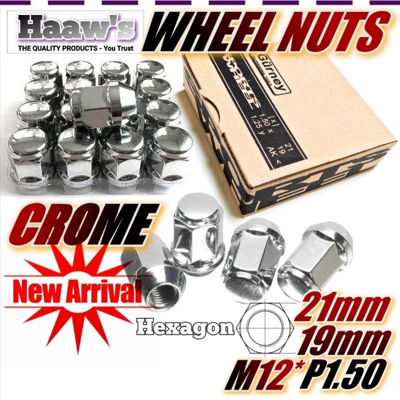 CROME Hexagon Wheel Nuts Set 19mm 21mm - 16 Pieces M12* P1.50 Sport Rim Nut Tyre Allen Key ...