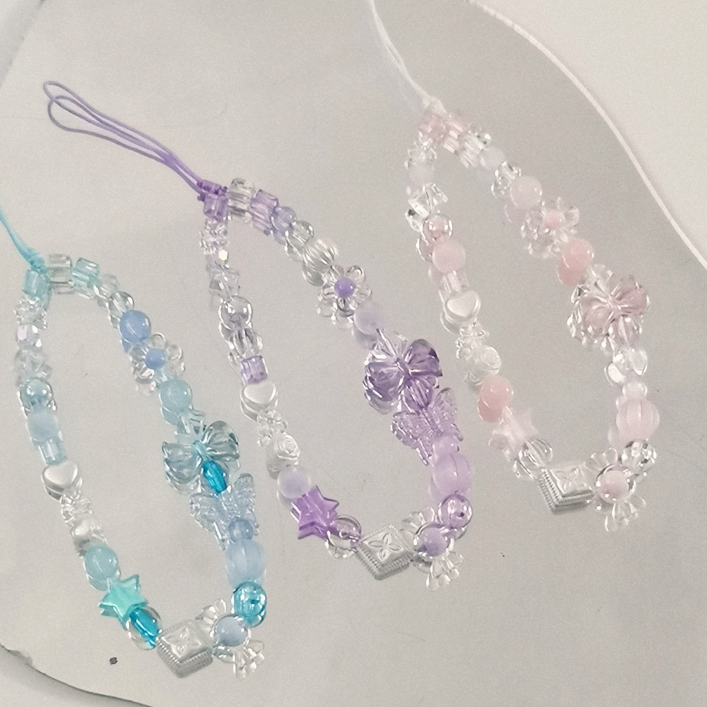Purple Colourful Mobile Phone Chain Lanyard Silver Pearl Acrylic Abacus ...