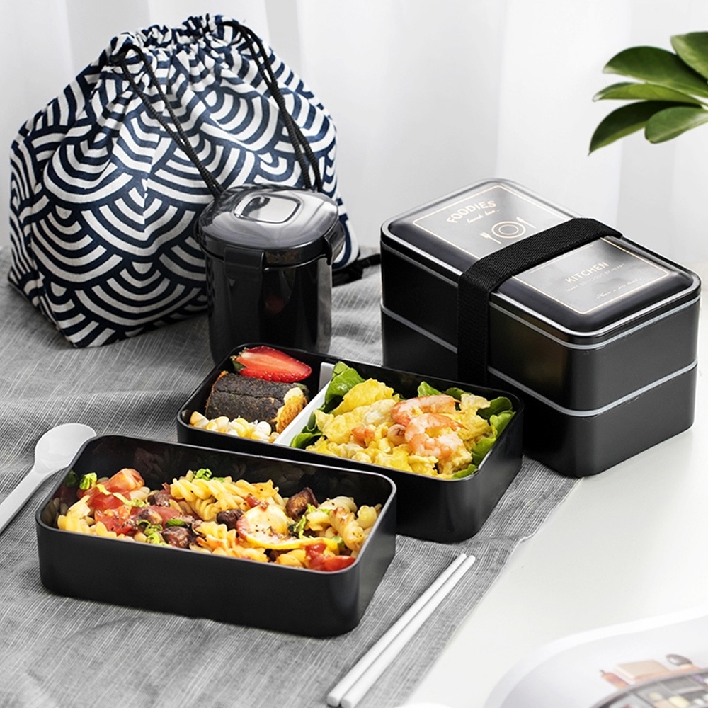 Double-layer Black Lunch Box With Tableware 1.2L Microwave Oven Food ...