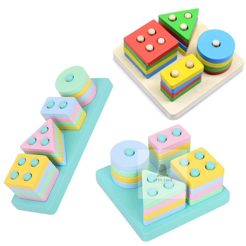 💙READY STOCK💙 Children's Educational Wooden Four-Column Toy Geometric ...