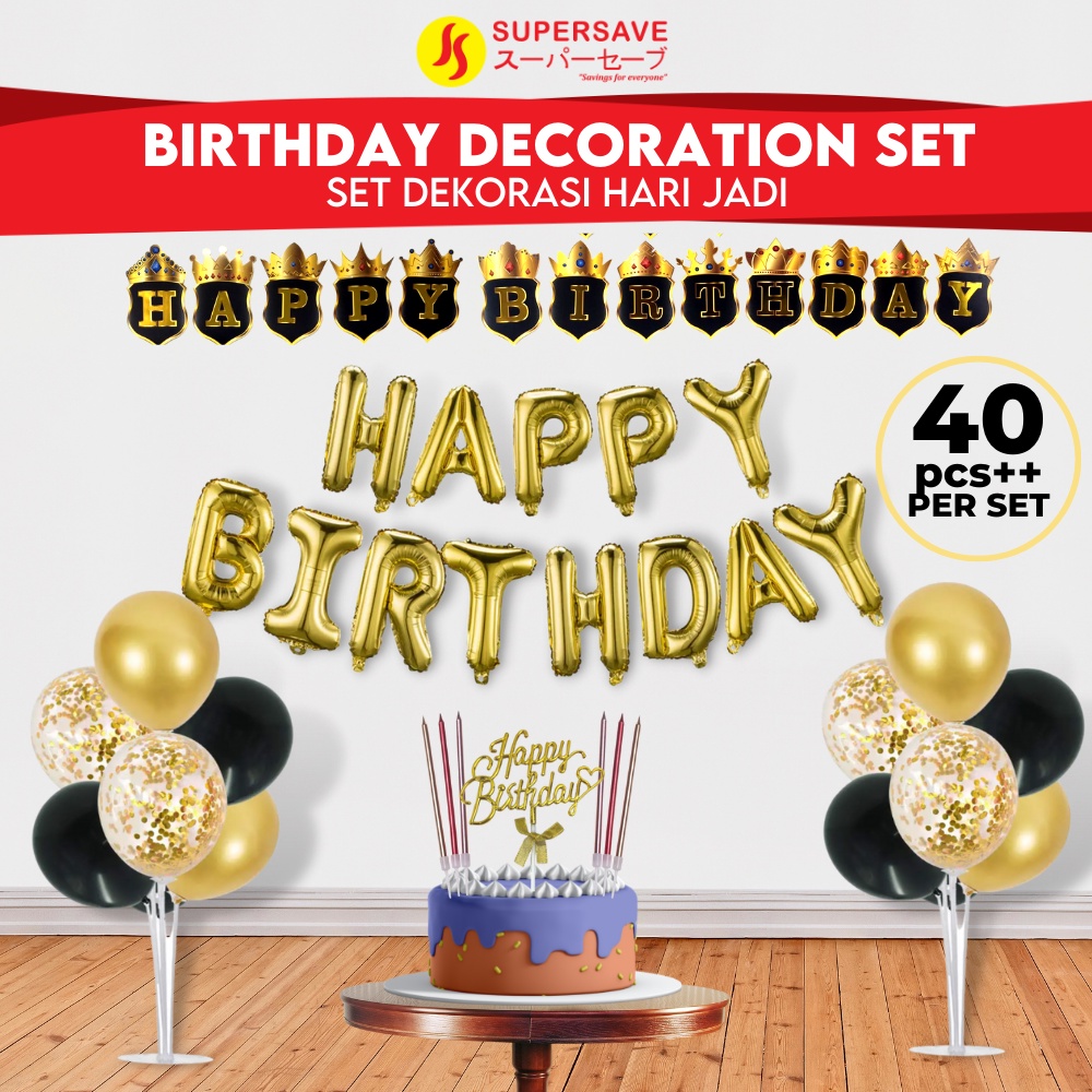 SUPERSAVE 40pcs++ Happy Birthday Gold Theme Decoration Set Metallic ...