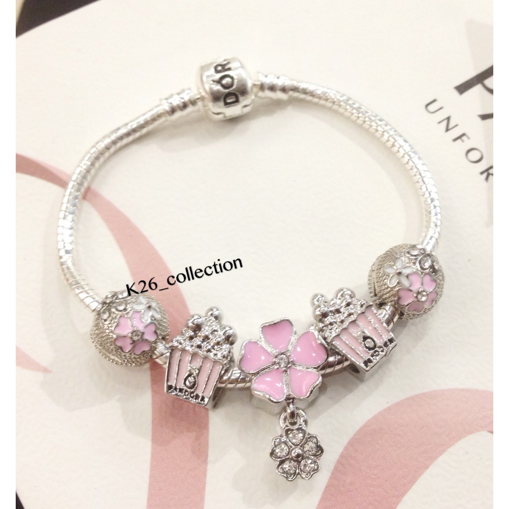 S925 Silver Plated Popcorn Pink Charm With Bracelet Set + 5 Charms ...
