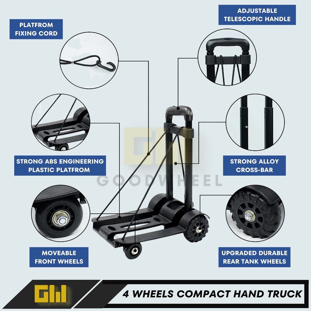 GOODWHEEL 4 Wheel 40kg Foldable Compact Hand Truck Portable Trolley ...