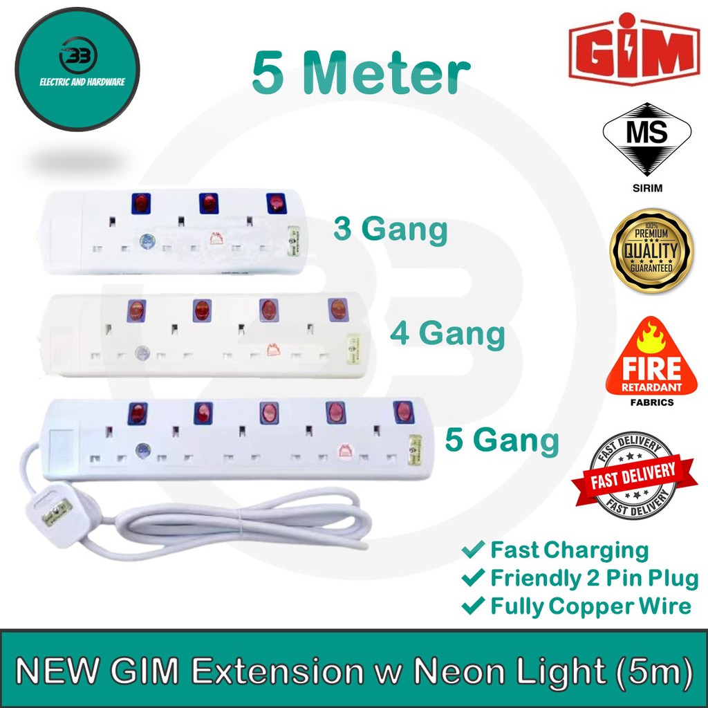 【sirim】 5m Extension Trailing Socket W Neon Plug Adaptor Multiple Universal Adapter Cord 3 4 5